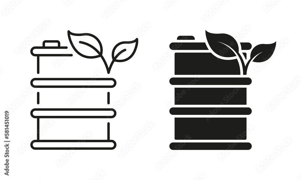 Barrel with Natural Eco Oil Line and Silhouette Icon Set. Metal Tank ...