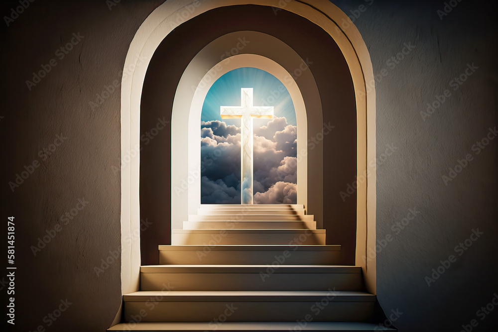 Stairs leading to a cross of light between white clouds at the end of ...