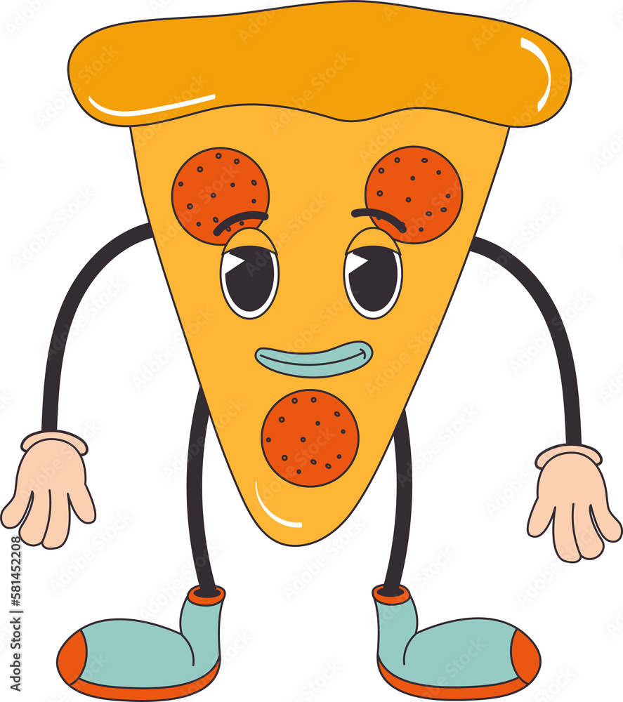 Cartoon character retro pizza food 70s street food. In trendy groovy ...