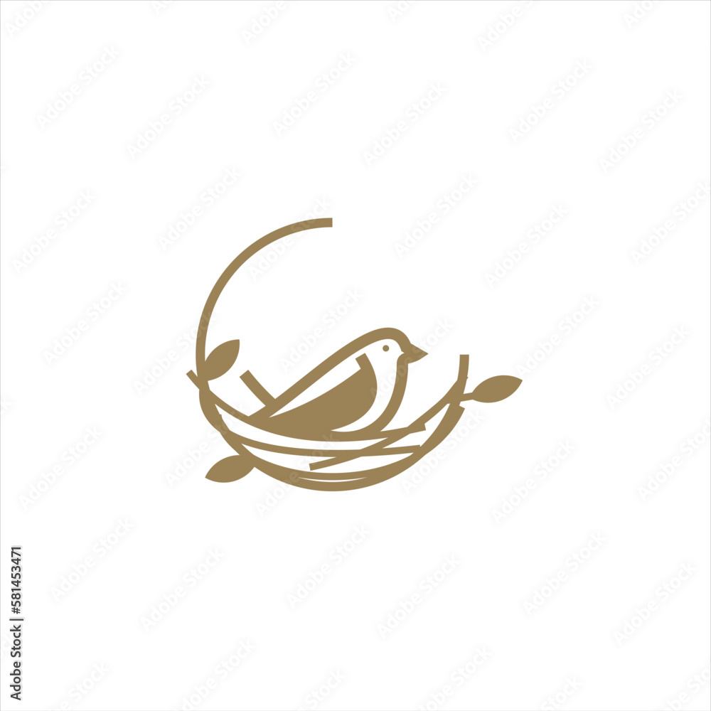 Nest bird logo. Logo is shaped with lines forming a nest in brown ...