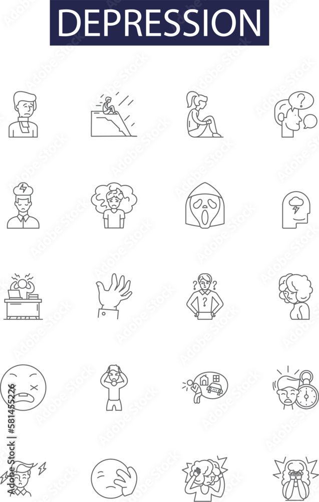 Depression line vector icons and signs. Gloom, Unhappiness, Loneliness ...