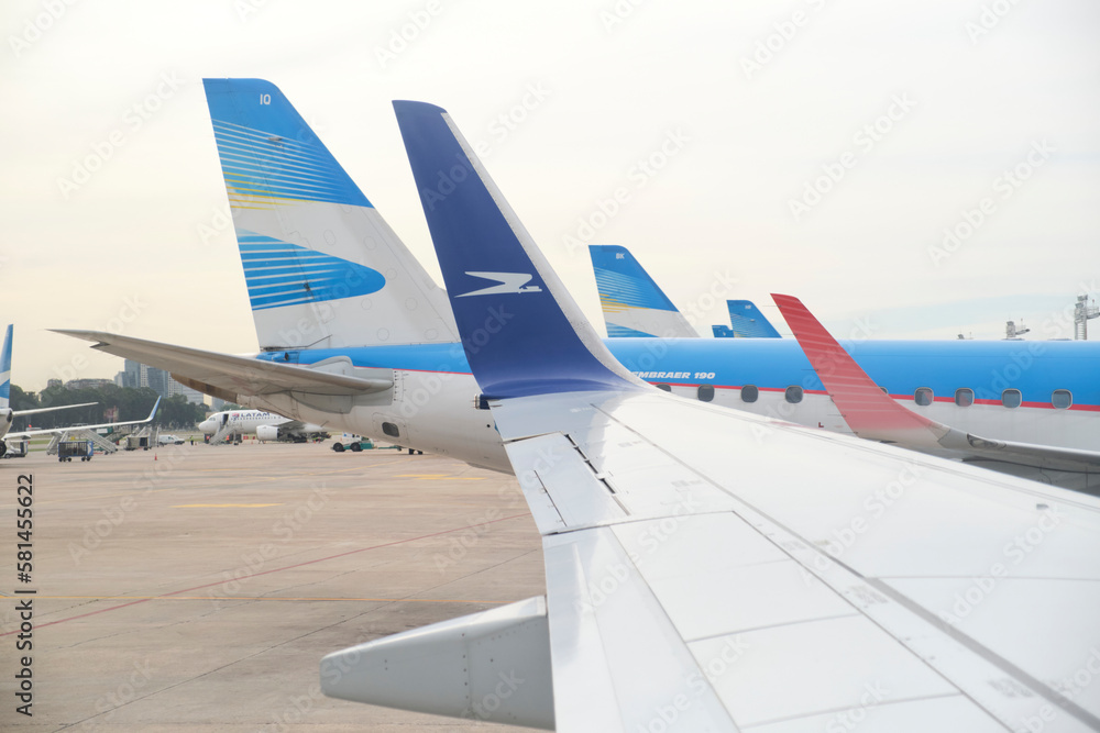 Airplanes scene as seen from a window of a Boeing 737-700 jet of ...