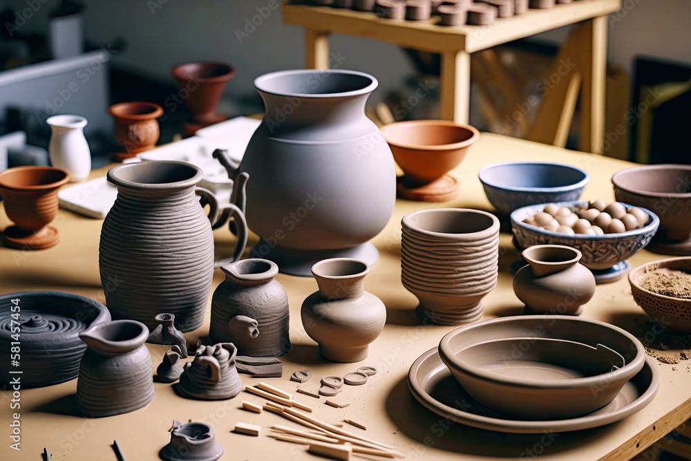 beaful pottery and ceramic dishes on table, making clay products ...