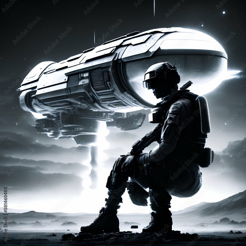Soldier of future sits with large plasma gun in dark. Space ship launch ...
