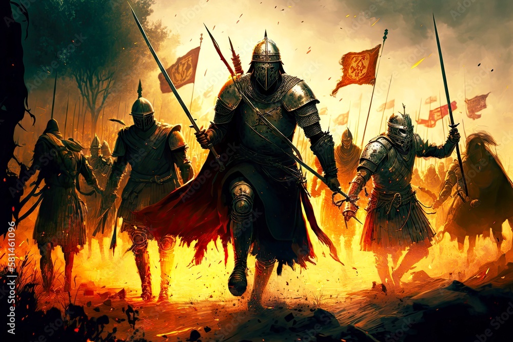 epic medieval battle with warriors men fighting on battlefield scene background digital ...