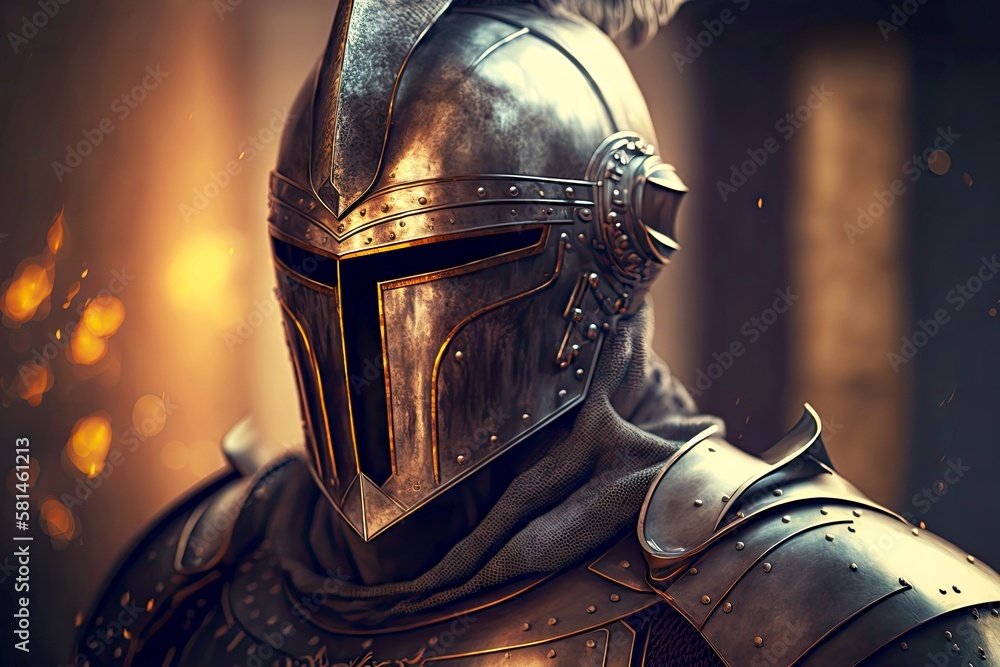 medieval knight warrior in metal armor and helmet close up with blurred ...