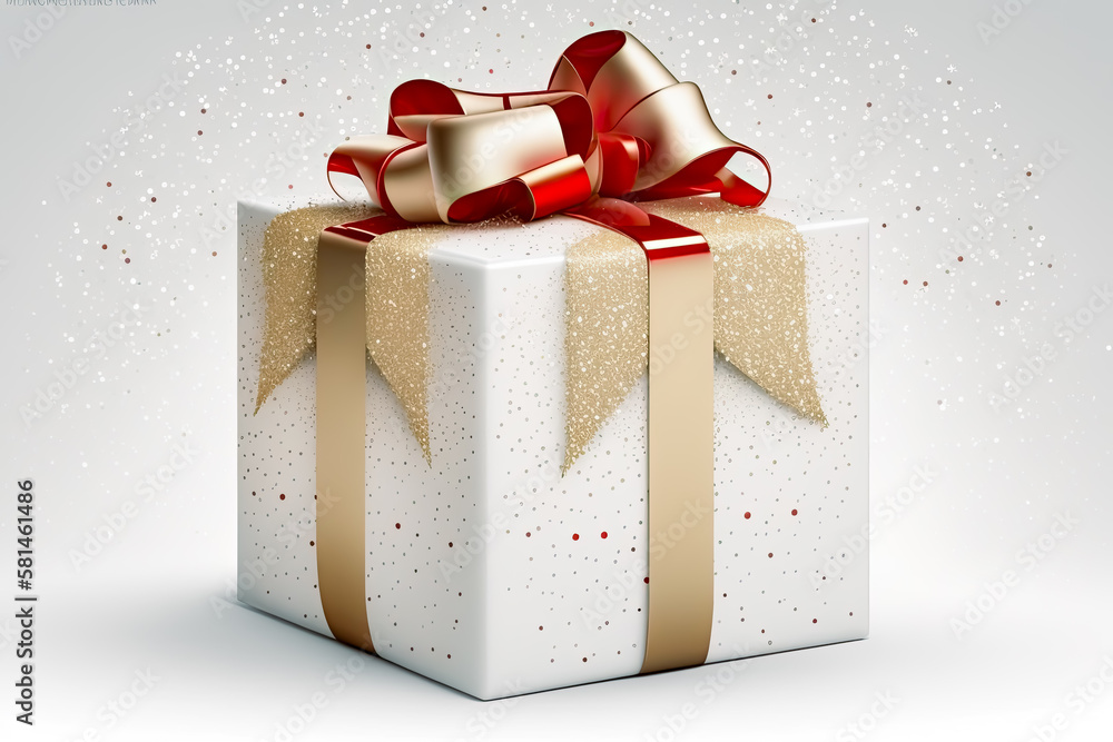 White Christmas gift boxes with red bows on white background with gold ...