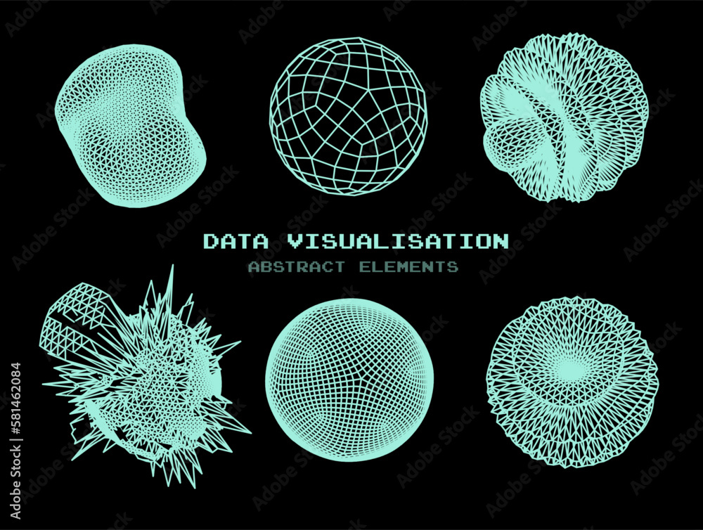 Set of abstract vector spheres and blobs made of mesh. Parametric ...