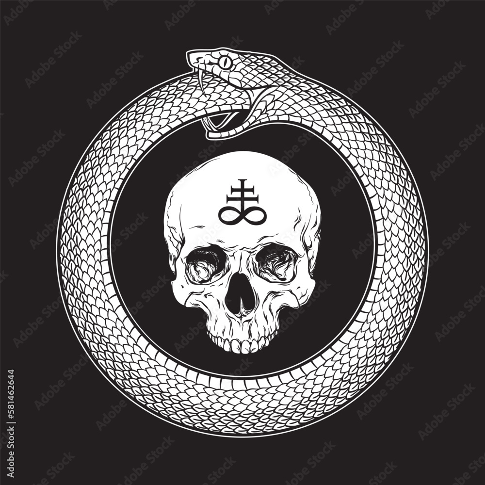 Ouroboros or uroboros serpent snake consuming its own tail and human ...