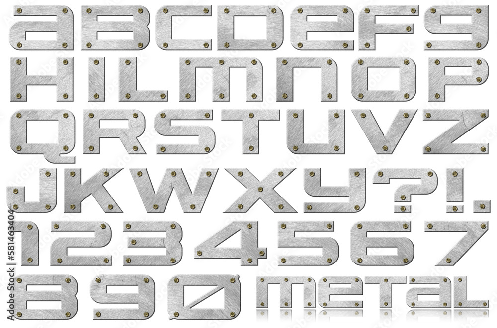 Metal alphabet letters and numbers, with bolts, isolated on white or ...
