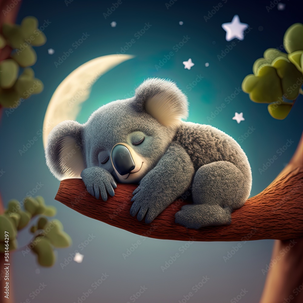 Cute baby koala sleeping at tree at night. Adorable coala on background ...