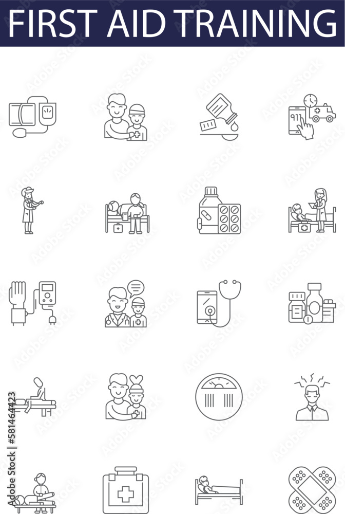 First aid training line vector icons and signs. training, CPR ...