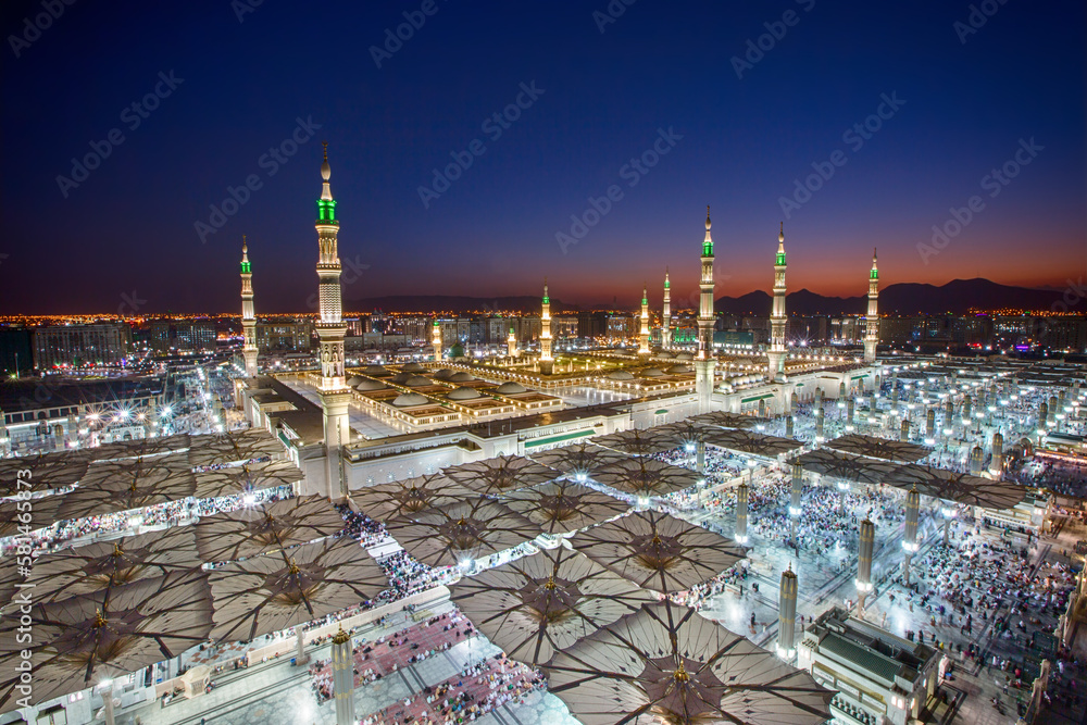 An aerial view of the Prophet's Mosque in Medina, Saudi Arabia, at ...