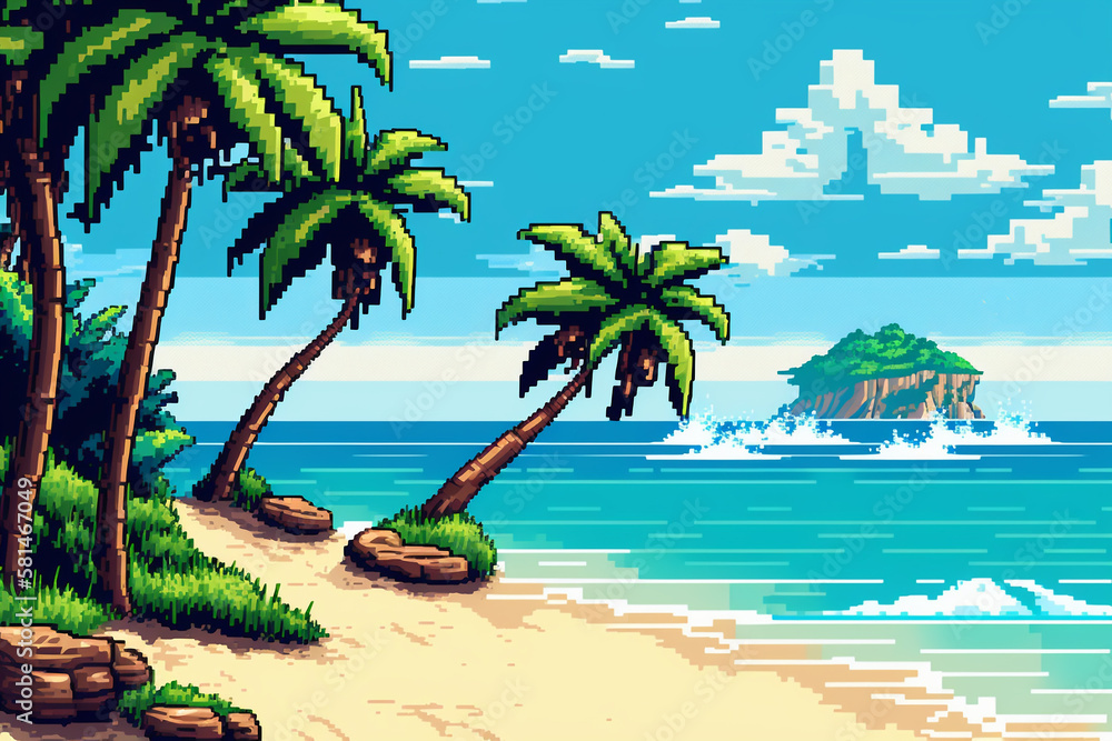 Pixel art game background with palm trees at a caribbean beach ...