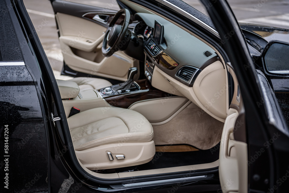 Side view of the open passenger door, mirror, dashboard of car. Right ...