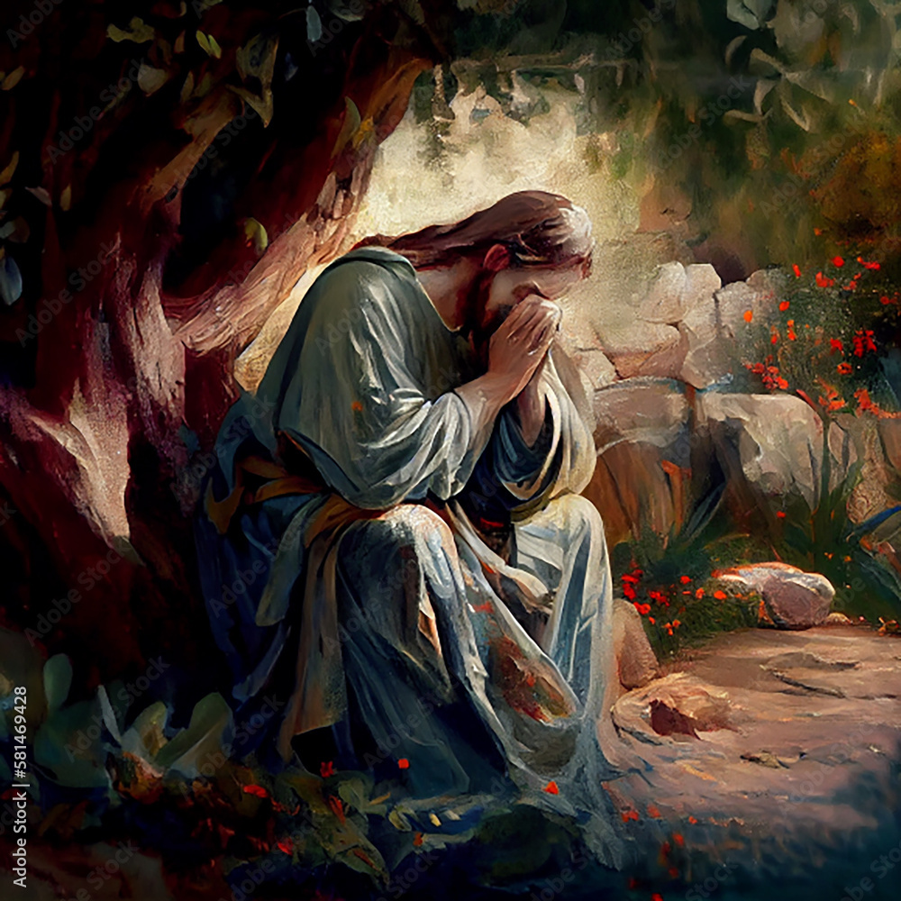 Jesus praying in agony in the Garden of Gethsemane drawn by AI Stock ...