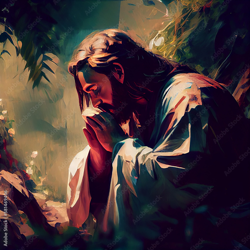 Jesus praying in agony in the Garden of Gethsemane drawn by AI Stock ...