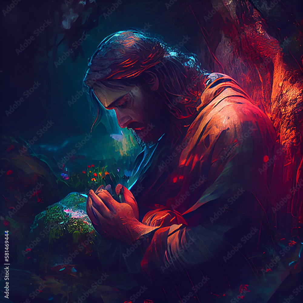 Jesus praying in agony in the Garden of Gethsemane drawn by AI Stock ...