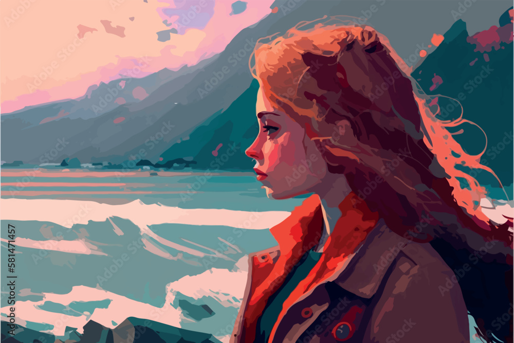 Lofi girl illustration. Young woman looking in the distance. Cartoon ...