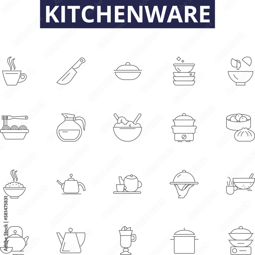 Kitchenware line vector icons and signs. Pans, Utensils, Plates, Bowls ...