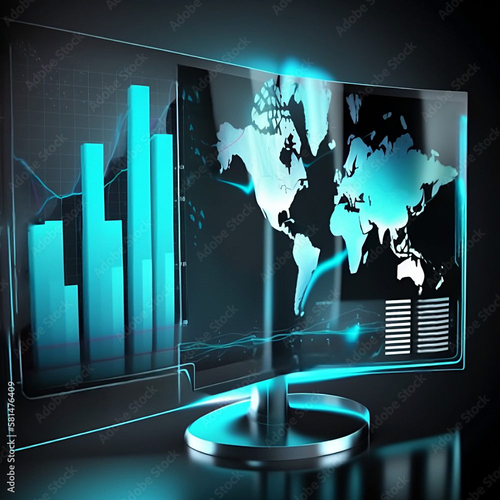 Virtual screen with a world map with graphs Stock Illustration | Adobe ...