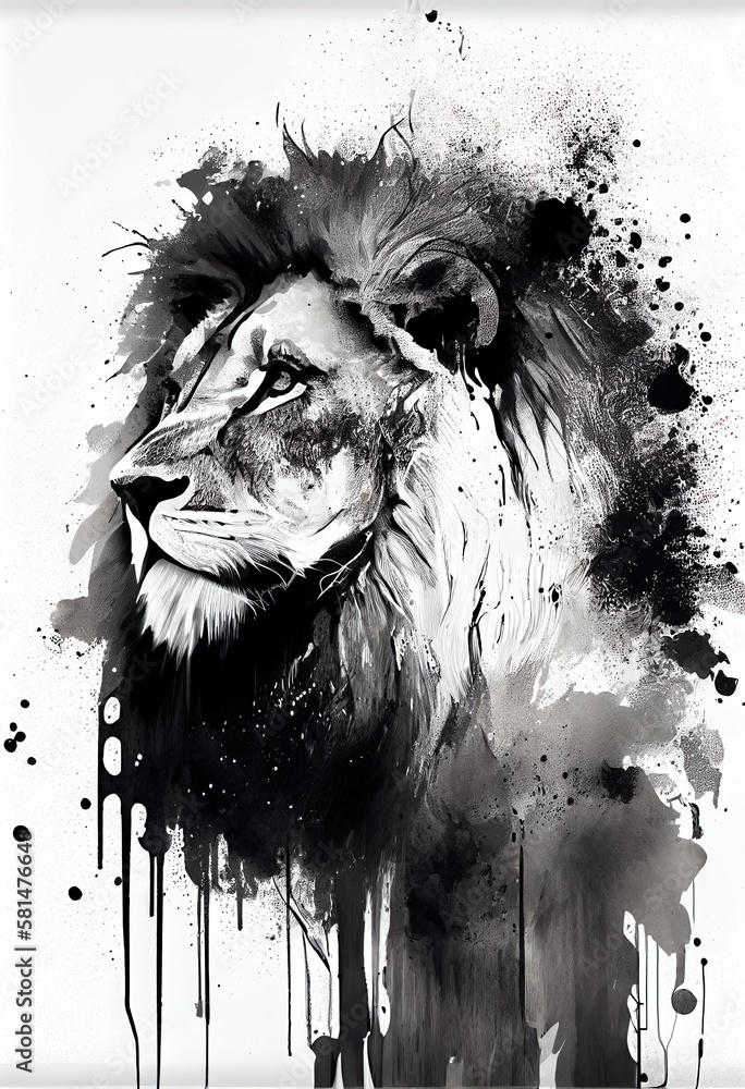Black and white ink lion print. AI render. Stock Illustration | Adobe Stock