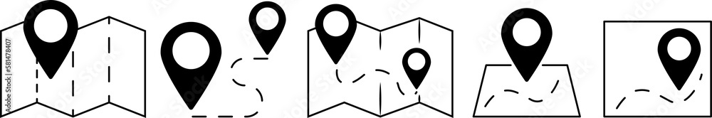 Map and location symbols set. Mapping icon. GPS cartography position ...
