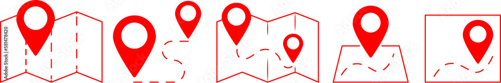 Set of map and location symbols in red. Map icon. GPS mapping position ...
