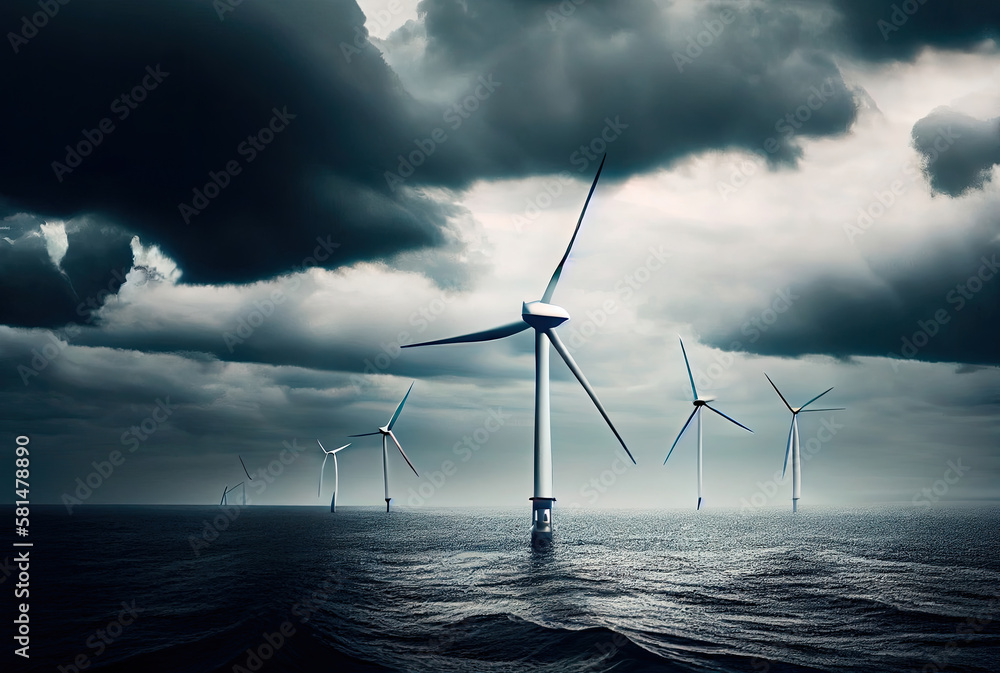 Ocean Wind Farm. Windmill farm in the ocean. Offshore wind turbines in ...