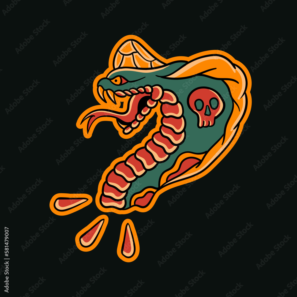 Hand drawn illustration of cobra snake traditional tattoo vector design ...