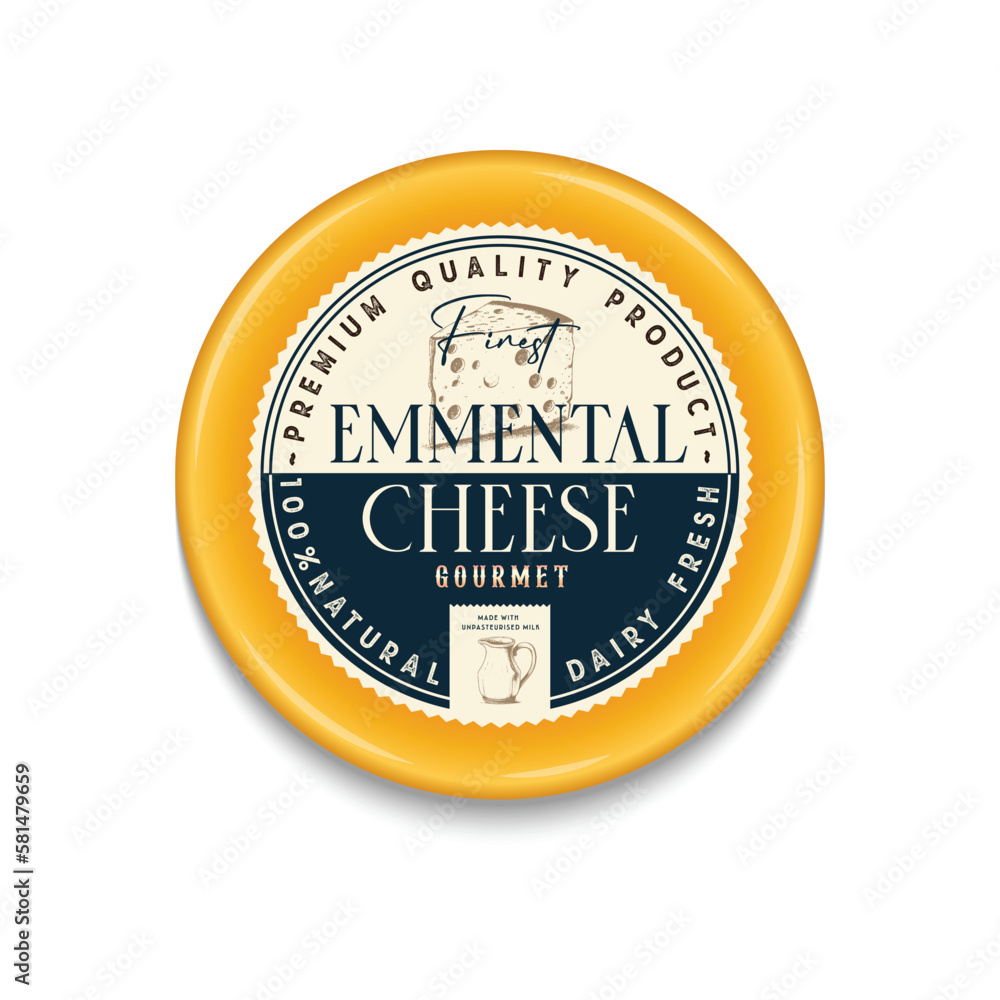 Vector Emmental cheese vintage round label and packaging design ...