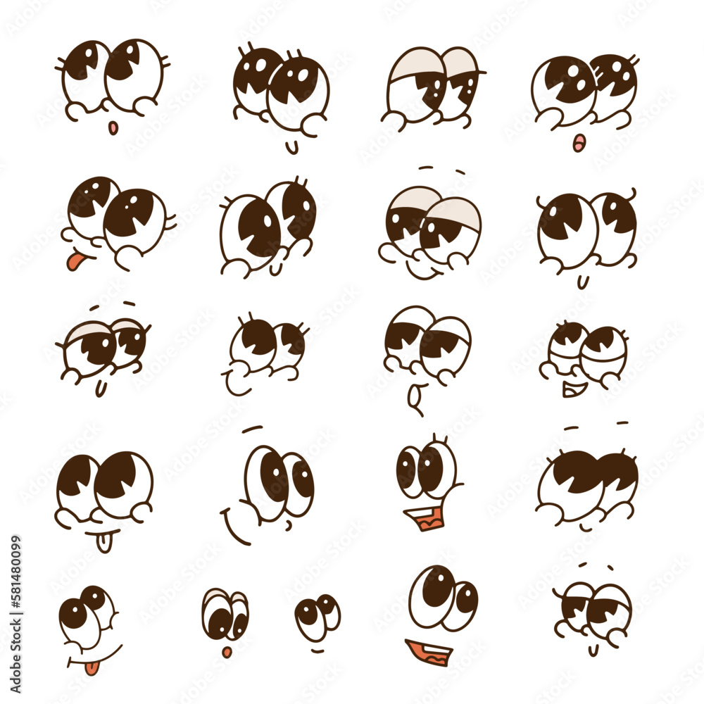 Set of retro cartoon faces for character creator. Isolated eyes and ...
