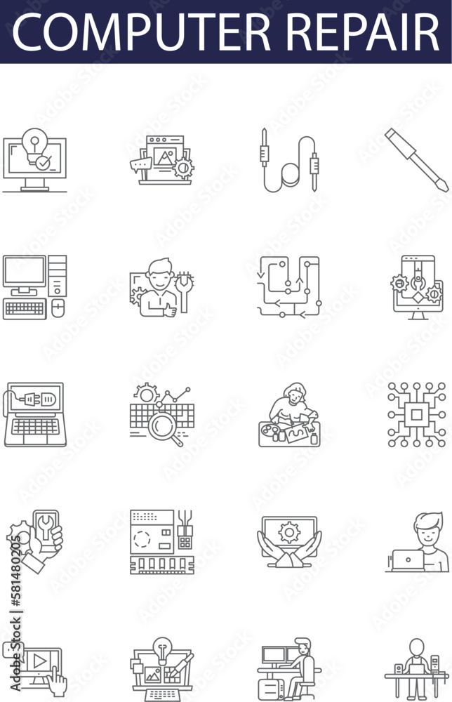 Computer repair line vector icons and signs. Laptop, Desktop ...