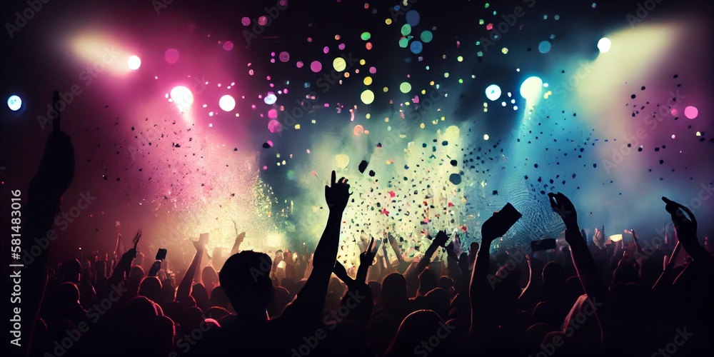 Crowded concert festival with scene stage orange purple and yellow ...