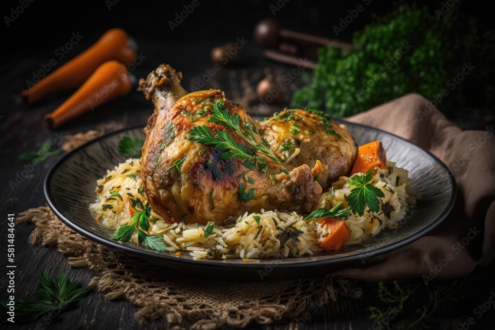 Pilaf with chicken drumstick in a light plate on a napkin with garlic ...