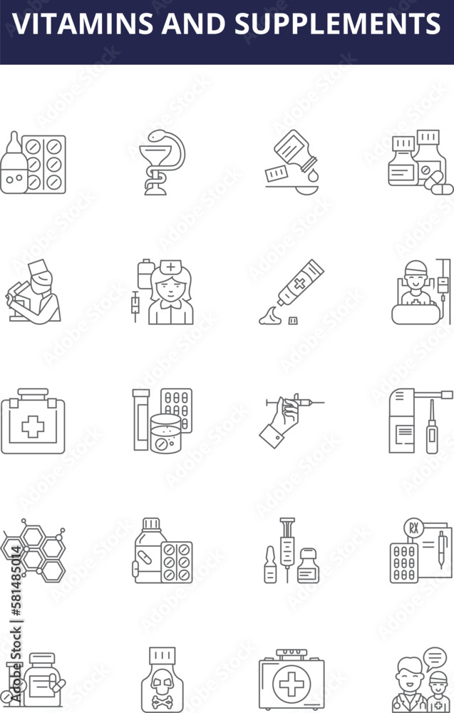 Vitamins and supplements line vector icons and signs. Supplements ...