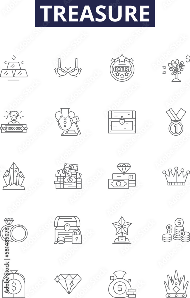 Treasure line vector icons and signs. Hoard, Wealth, Cache, Valuables ...