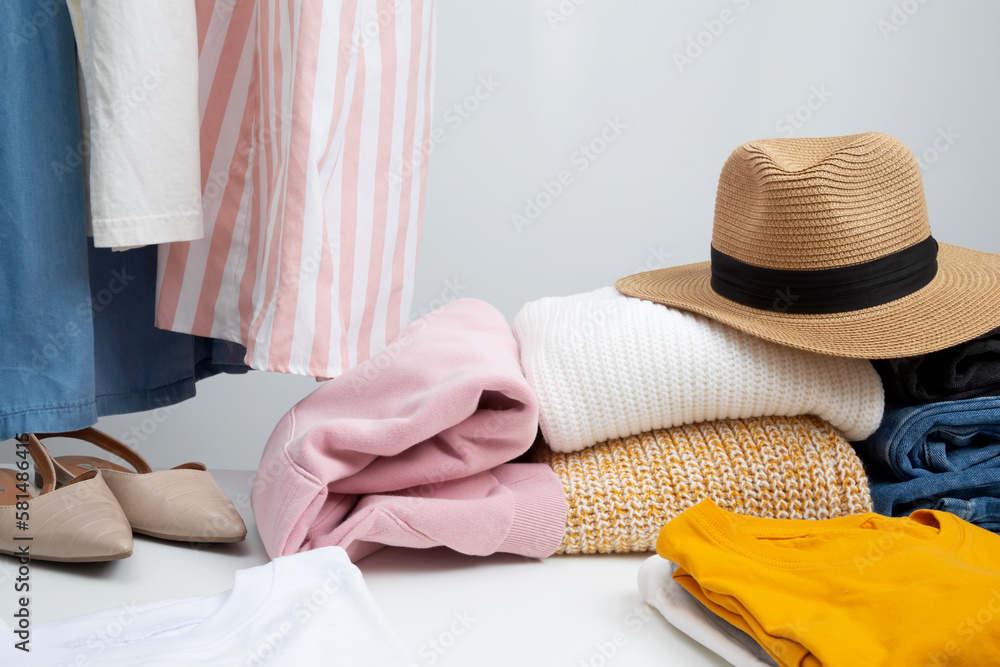 Reduce and reuse concept. Preparing clothes for swap. Waste problem in ...