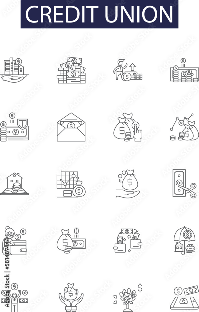 Credit union line vector icons and signs. Union, Financial, Banking ...