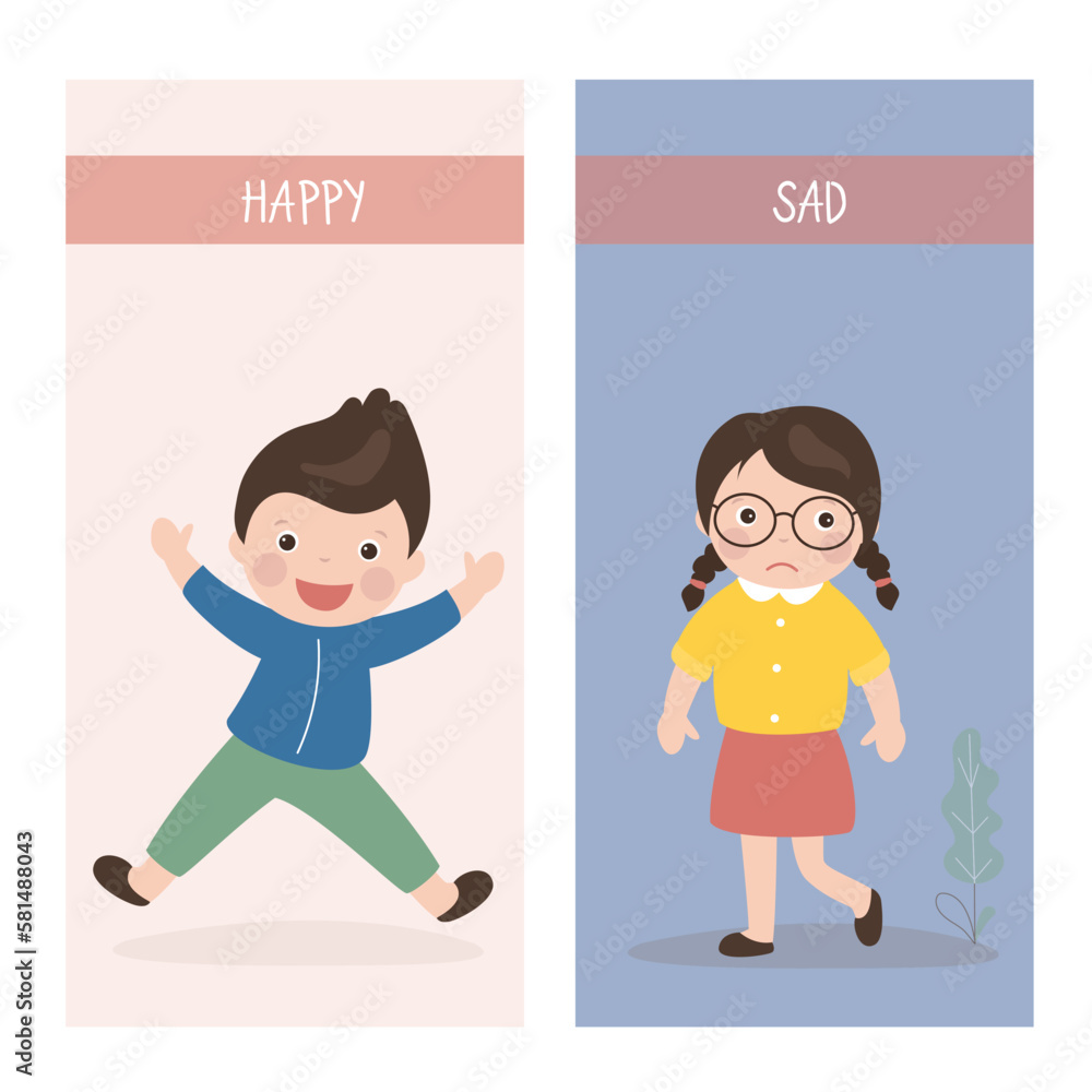 Opposite adjectives explanation cards, Happy and Sad. Word card for ...