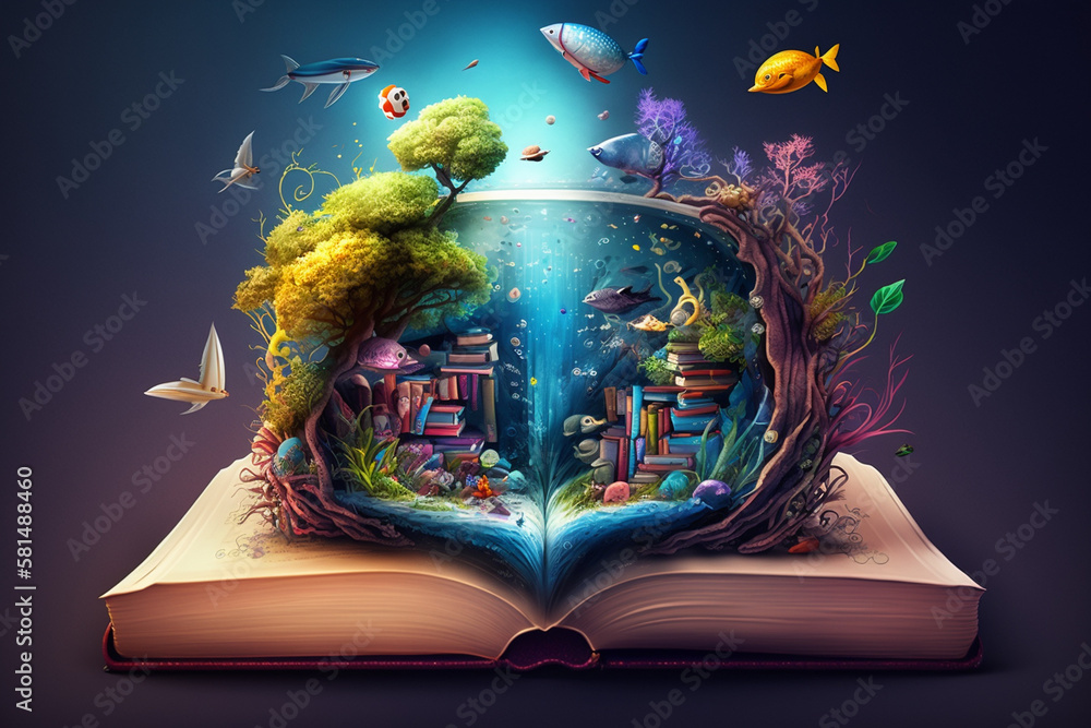 Book that contains fantastic stories, magic imaginary world full with ...