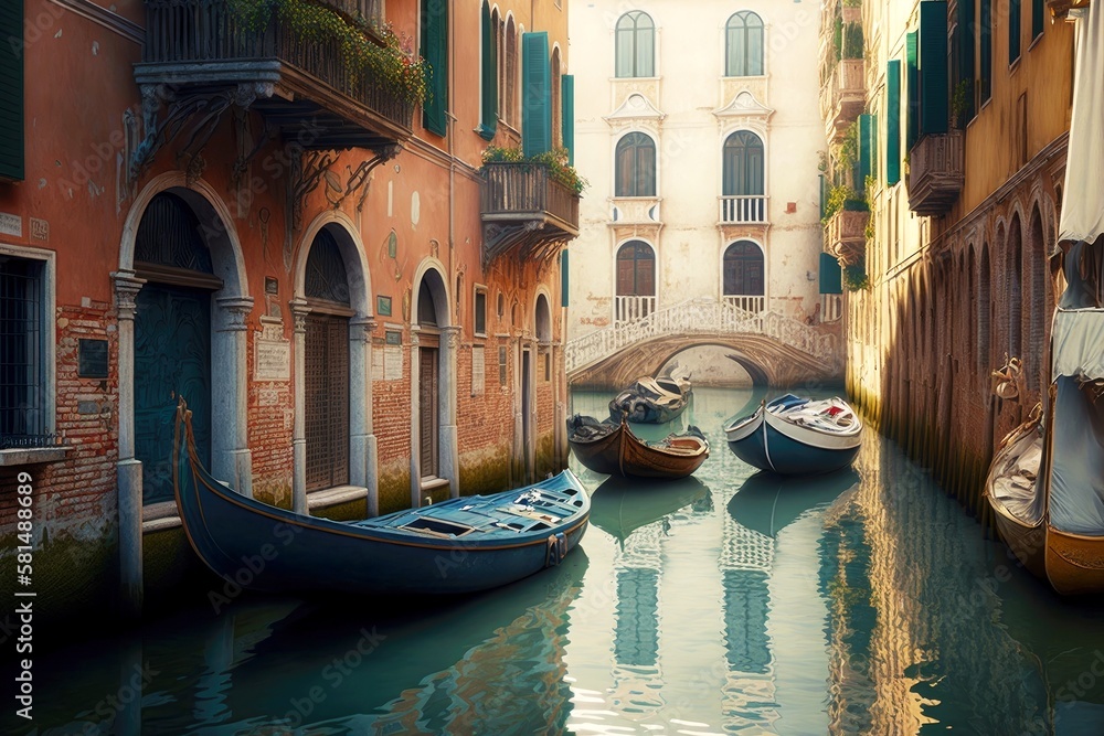 water channel in city center with boats tied to shore, created with ...