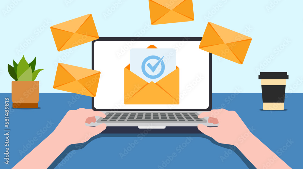 first person view of the workspace with a laptop and lots of emails ...