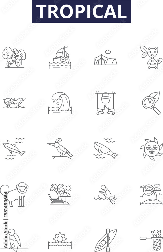 Tropical line vector icons and signs. Paradise, Climate, Island, Palm ...