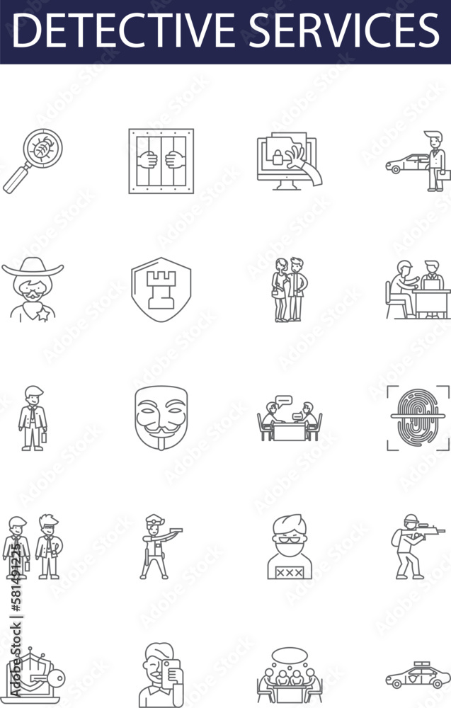 Detective services line vector icons and signs. Surveillance, Probing ...