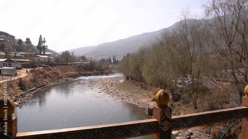 Walking on the bridge with a view of river in Thimphu, Bhutan Stock ...