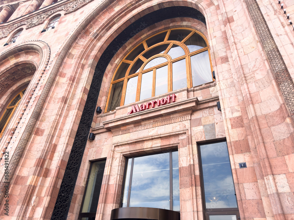 Yerevan, Armenia, March 14, 2023: Marriott hotel logo on building ...