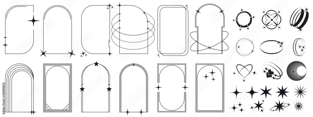 Aesthetic y2k geometric shapes with stars. Arch frame with sparkles for ...