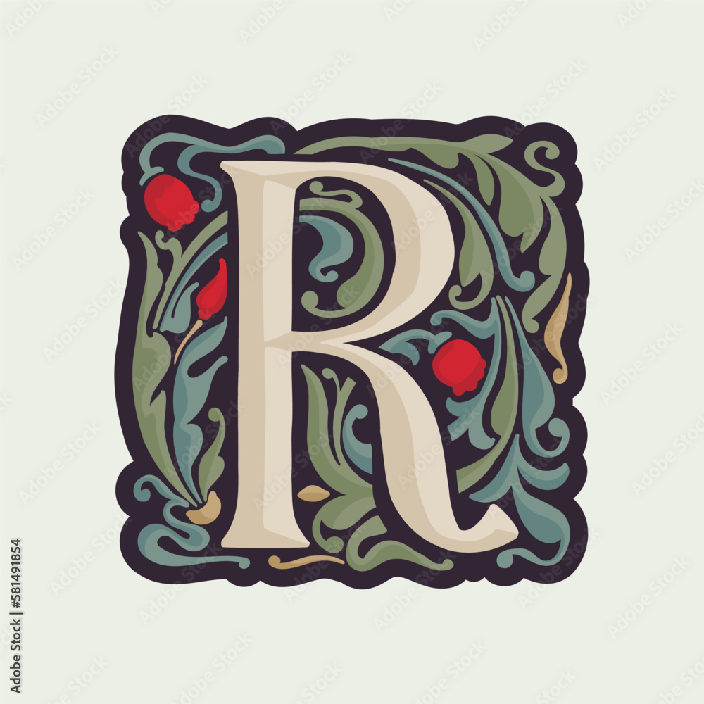R letter illuminated initial with curve leaf ornament and tulips ...