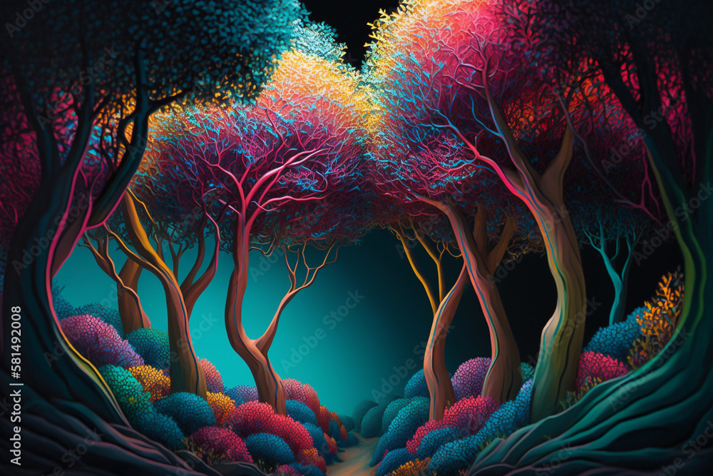 Forest filled with prismatic trees made from twisted fiber and paint ...